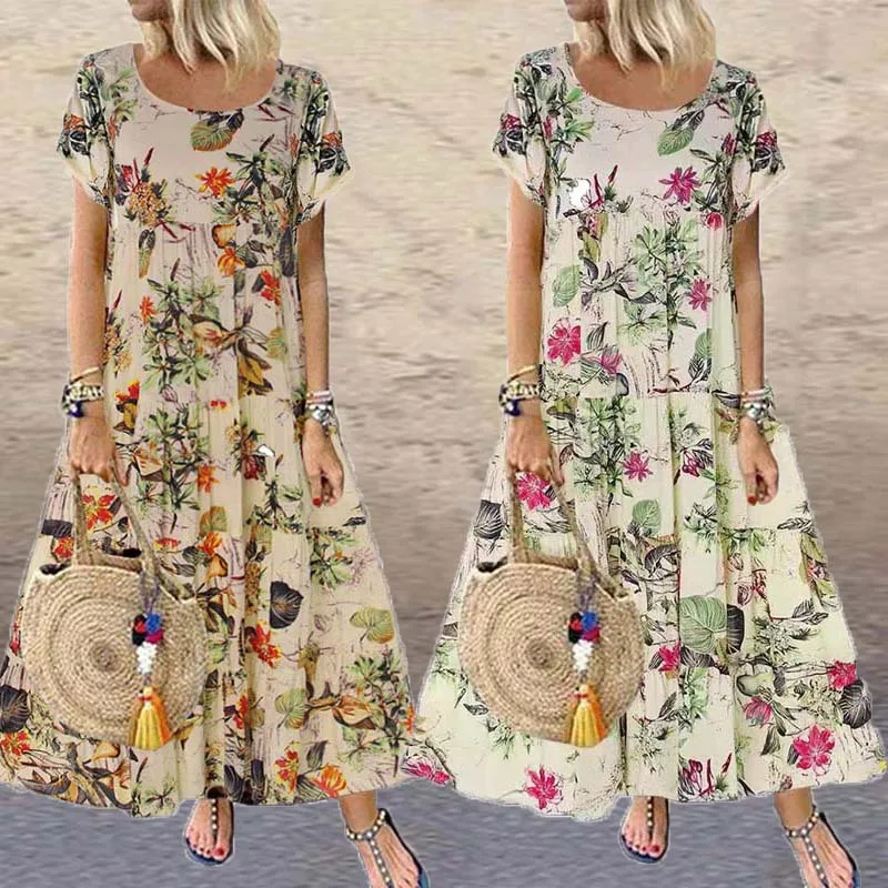 Frauen Vintage Floral Lange Kleid Sommer Boho Casual Lose Kurzarm Kleider Weibliche Strand ...