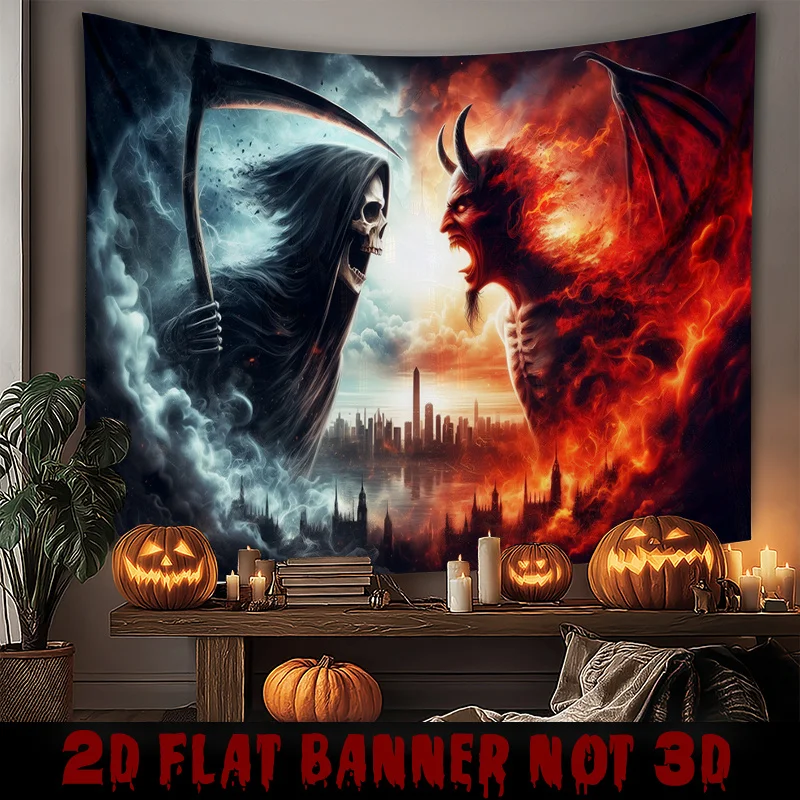 Gothic Reaper & Demon Encounter Tapestry - Dark Ghostly Realm Design ...