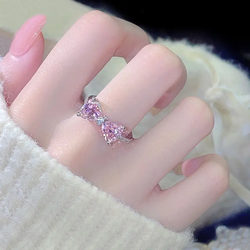 2023-New-Pink-Crystal-Rings-Romantic-Heart-Bowknot-Shiny-Ring-for-Women ...