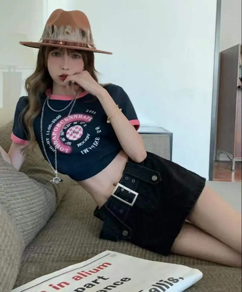 Y2K-Mini Jupe Courte en Denim pour Femme,Sexy,Mirco,Noire,Punk,Crayon,Ceinture,Été,2023- light ...