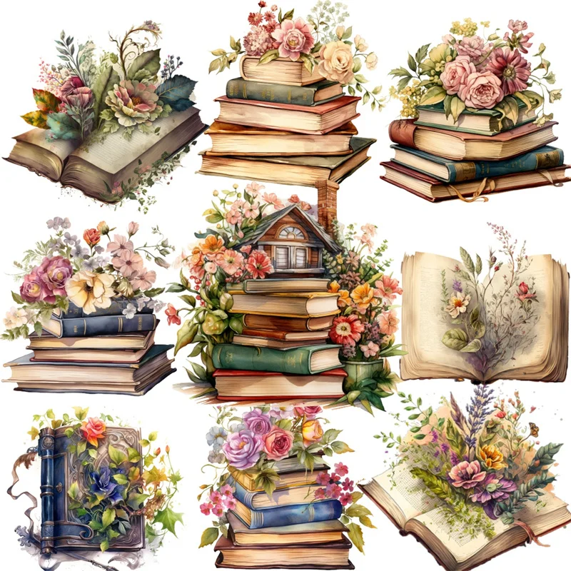 Watercolor-Nostalgic-Retro-Plant-and-Flower-Books-Stickers-DIY ...