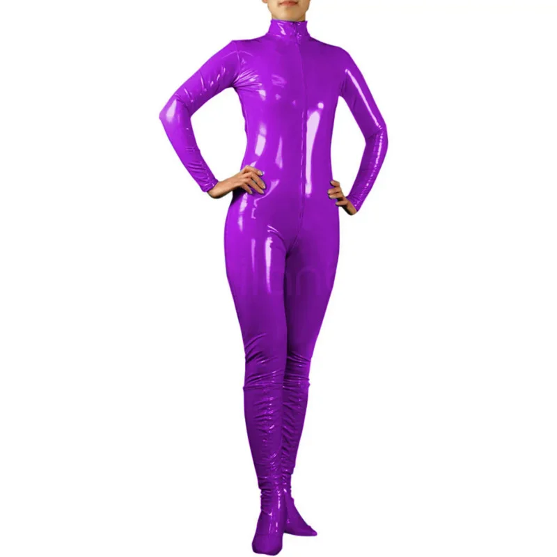 Women-Long-Sleeve-Bodycon-pvc-leather-catsuit-Footed-Vinyl-Slim-Patent ...