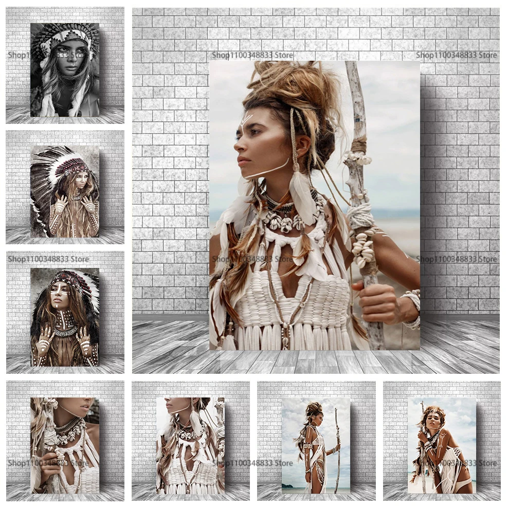 American-Indian-Frauen-mit-Adler-Feder-Crown-Nordic-Leinwand-Malerei ...