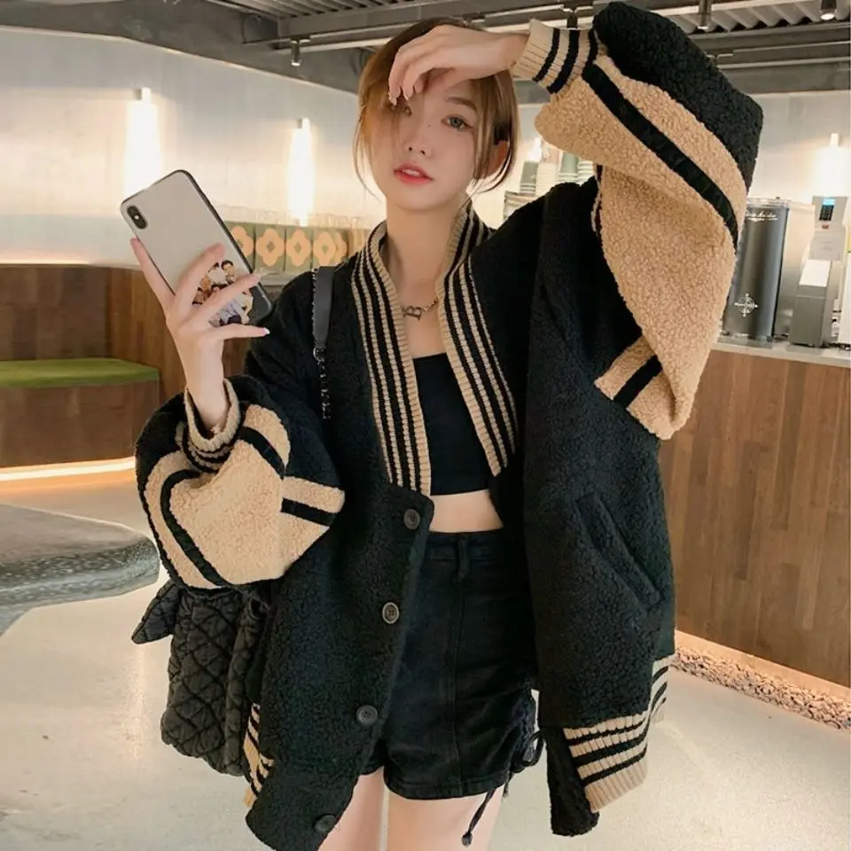 Deeptown Vintage Fleece Bomber Jackets Women Korean Fashion Black ...