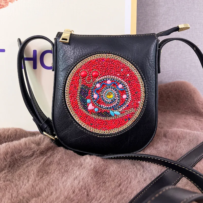 Red Snail Pattern Beaded Crossbody Bag Women Ethnic Style Black PU ...