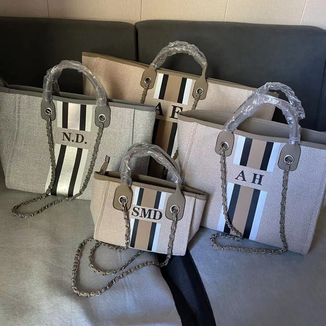 Personalized-Monogram-Tote-Bag-Customised-Chain-Handbag-White-Stripe ...