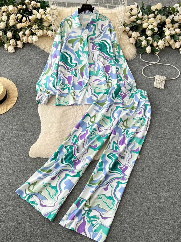 Singreiny Loose Print Two Pieces Sets Turndown Collar Single Breasted