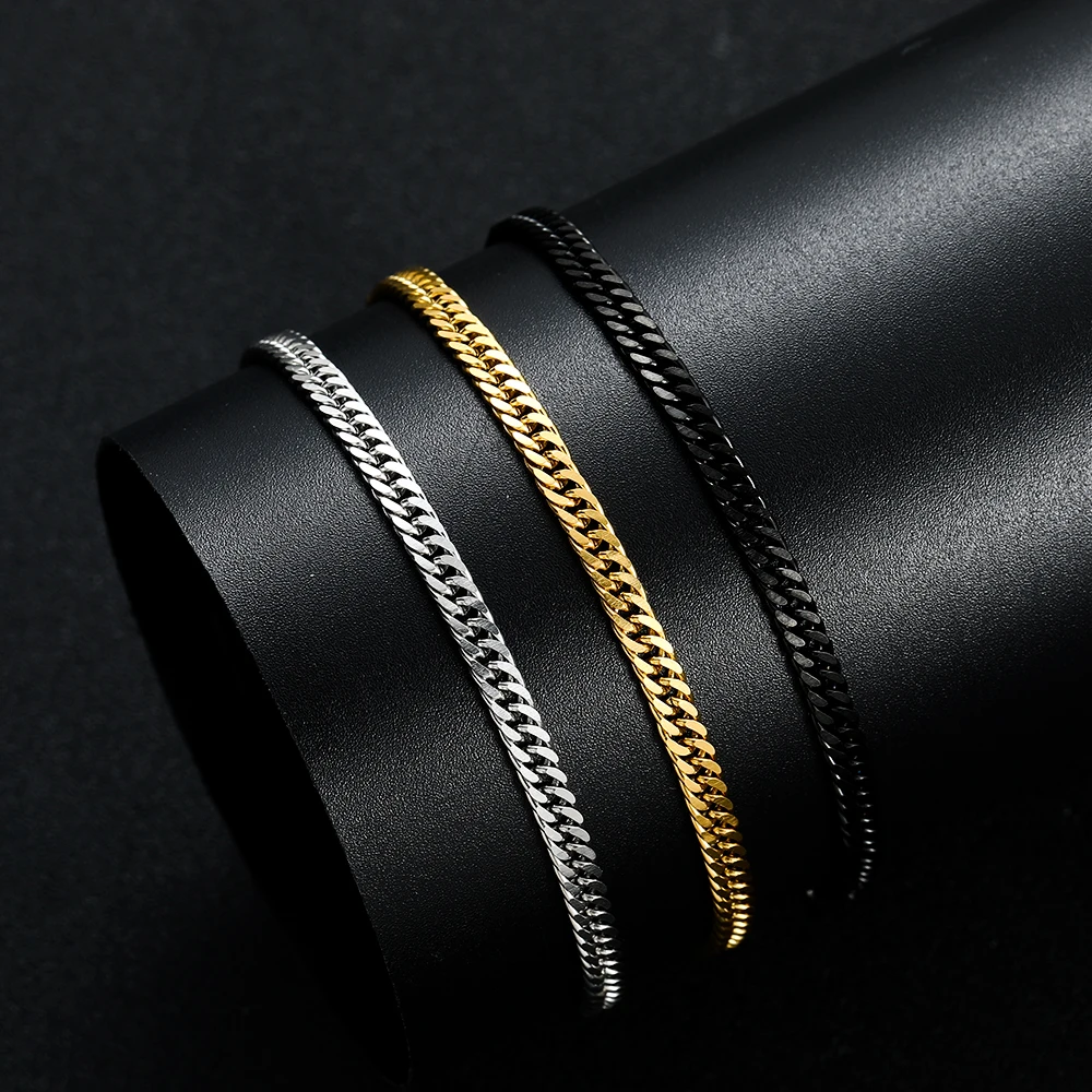 New-Width-4MM-316L-Stainless-Steel-Golden-Black-Chain-Bracelet-Fashion ...
