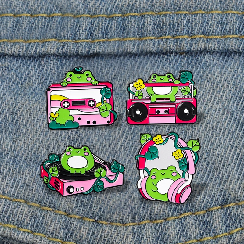 Cute-Music-Frog-Enamel-Brooch-Vintage-Pink-Tape-CD-Record-Earphones ...