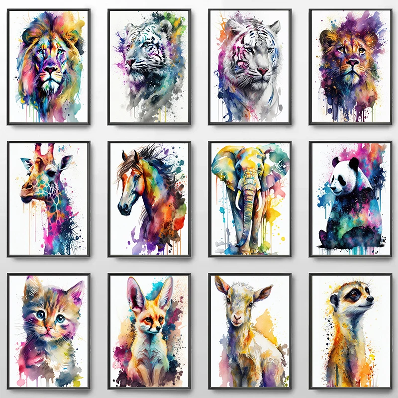 Colorful Animal Painting Poster Watercolor Kitten Lion Tiger Horse ...
