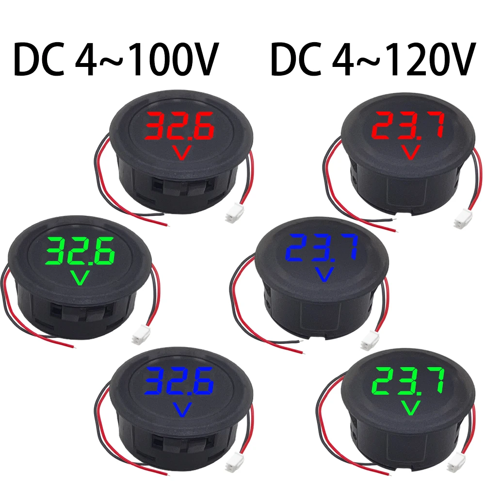 DC 4-100V LED 디지털 디스플레이 라운드 2 선 전압계, DC 디지털 자동차 전압 전류 측정기 볼트 감지기 테스터 모니터 창