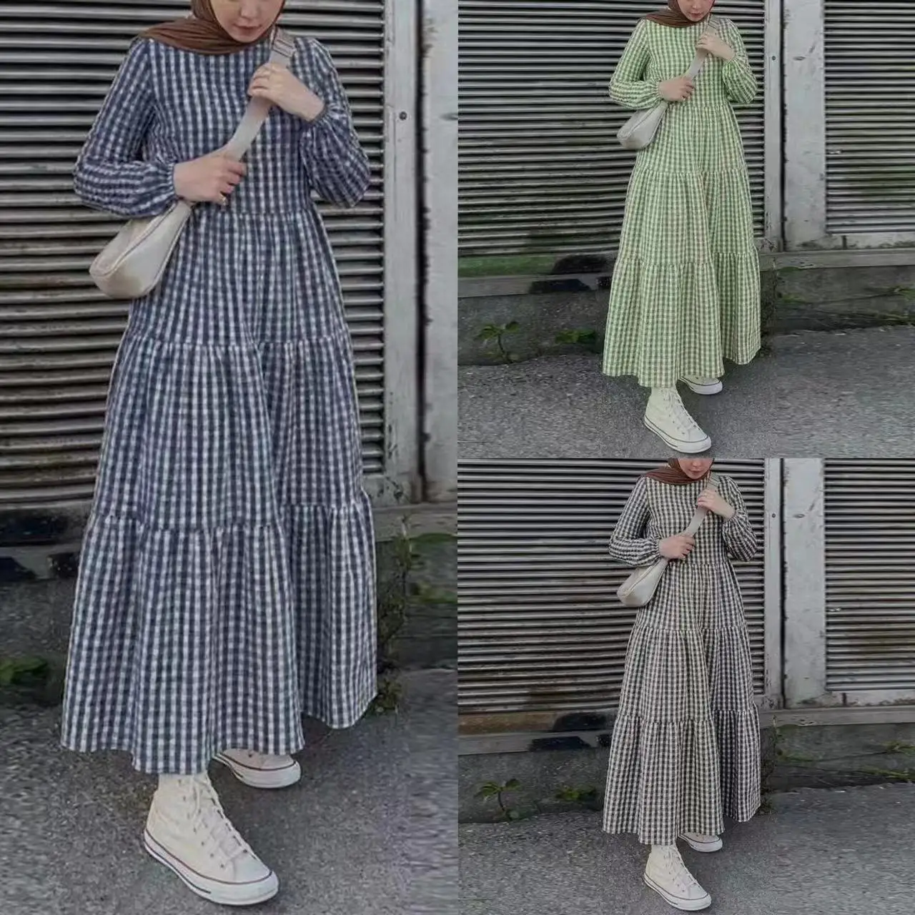 Vintage-Plaid-Checked-Sundress-Muslim-Women-Long-Sleeve-Ruffles-Abaya ...