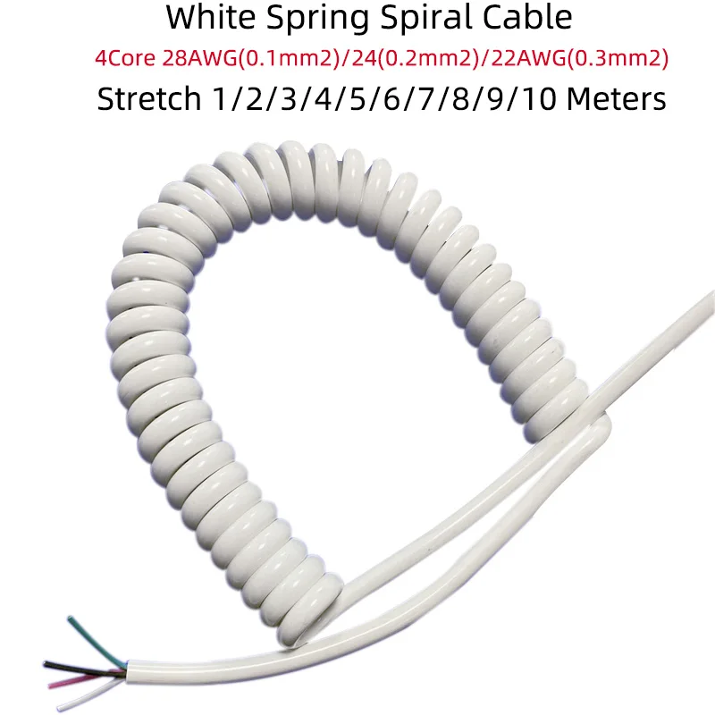 White Spring Spiral Cable Telescopic Wire 4Core 28/24/22AWG Stretch1/2 ...