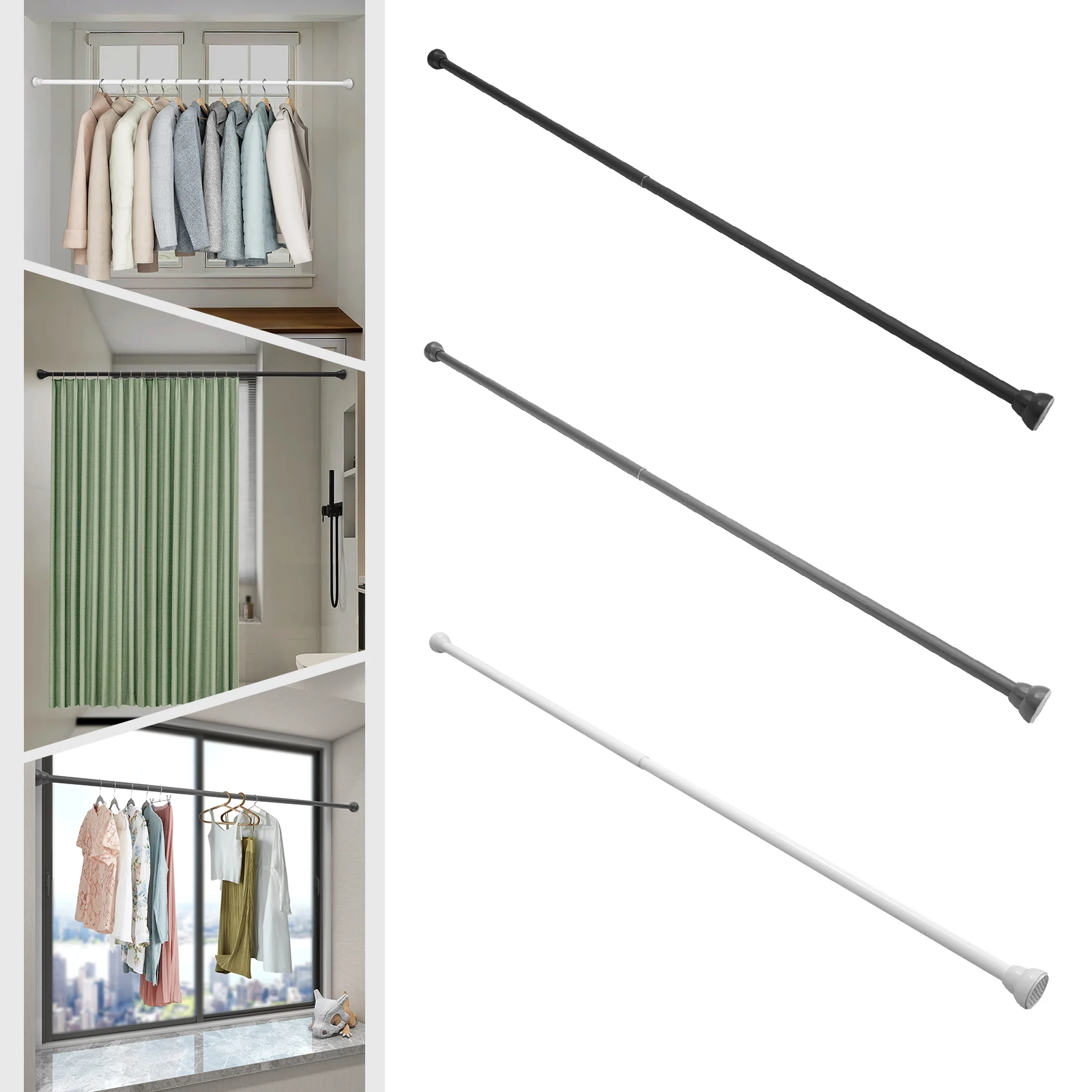 87-155cm-Adjustable-Curtain-Rod-Black-White-Grey-No-Drilling-Expandable ...