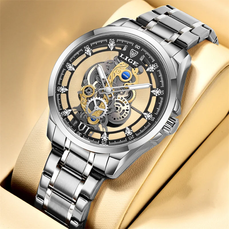LIGE-Mens-Watches-Skeleton-Quartz-Wristwatch-Gold-Skeleton-Retro-Man ...