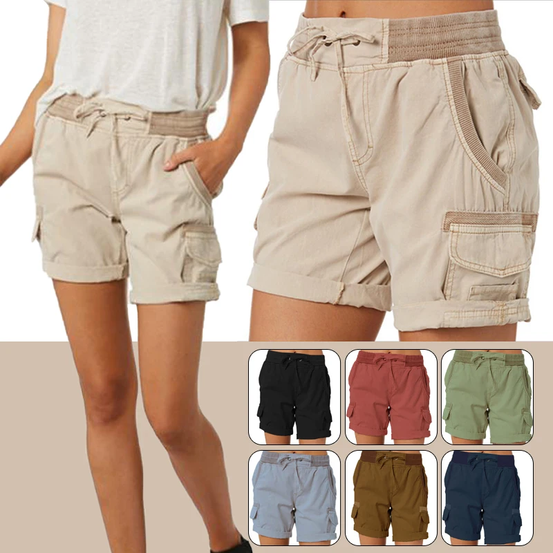 Womens-Cargo-Pants-Shorts-Soft-Comfortable-Casual-Cotton-Elastic-Waist ...