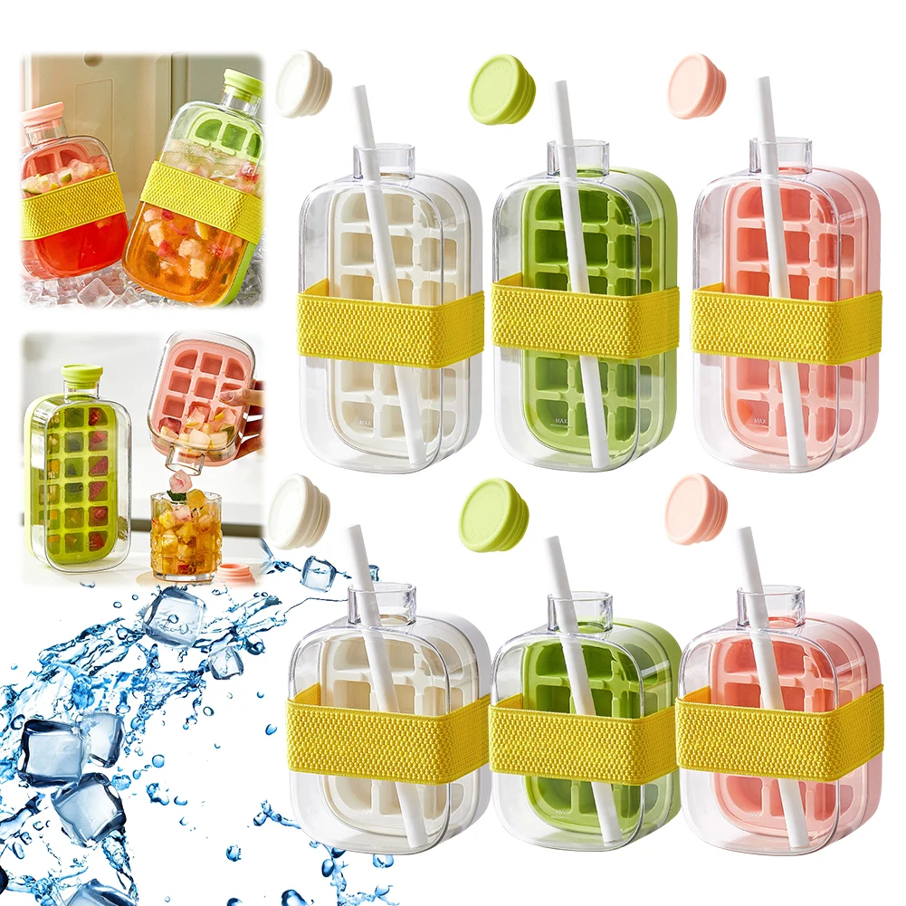 Ice Cube Bottle with Straw 2-in-1 Water Bottle 2-in-1 Press Ice Tray ...
