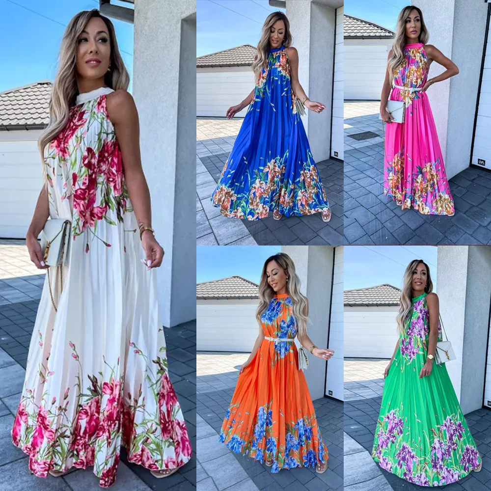 Robe-longue-pliss-e-sans-manches-avec-col-suspendu-pour-femme-tenue-de ...