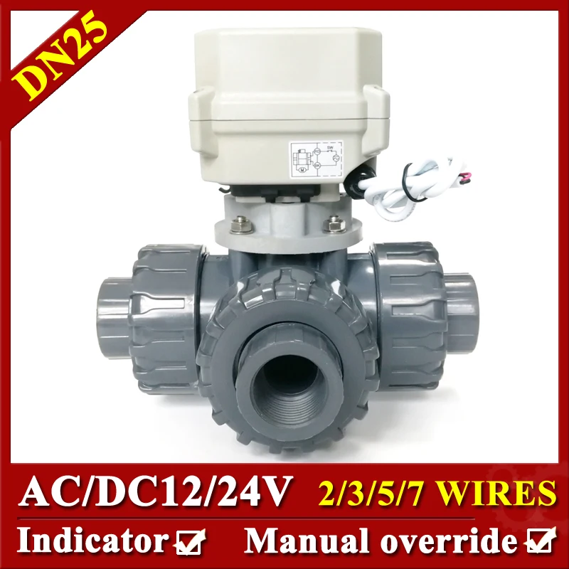 1 inch DN25 True Union End PVC Electric Ball Valve 3 Way T Bore IP67 ...