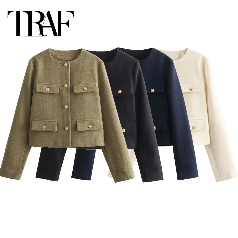 TRAF-Tweed-Cropped-Jacket-Woman-Long-Sleeve-Vintage-Jacket-Woman ...