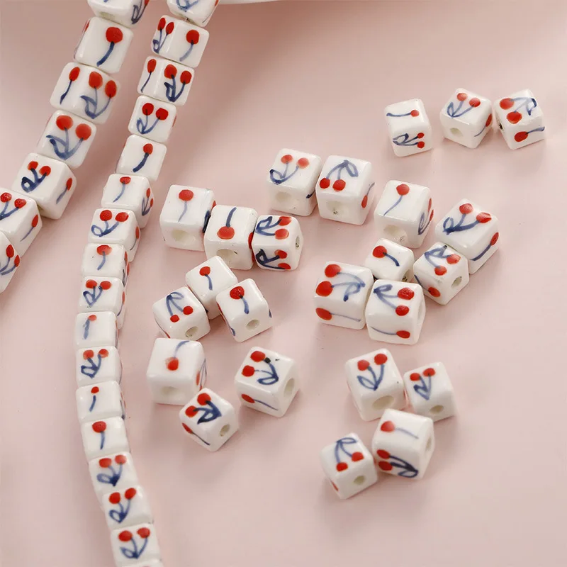 10pcs Hand Painted Cherry Square Shape Ceramic Beads 8x8mm 10x10mm ...
