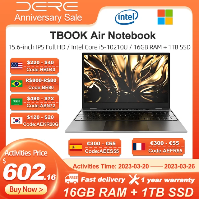 DERE laptop 15.6-inch, Intel Core i5-10210U, 16GB RAM + 1TB SSD, 2.5K ...