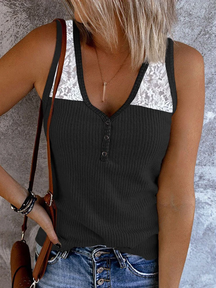 Women's V Neck Button Tank Top Summer Basic Sleeveless Shirt Ribbed ...