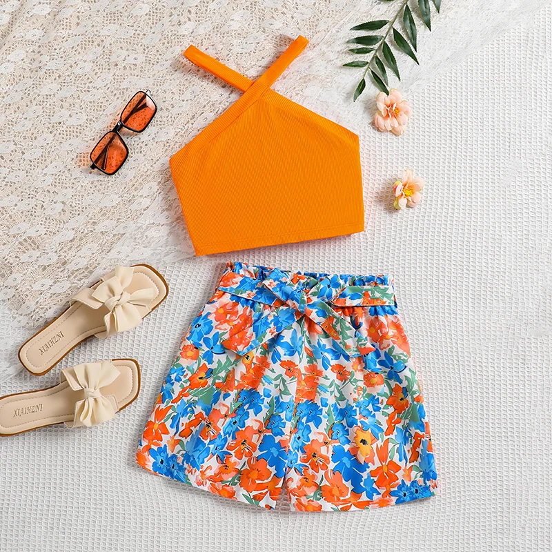 Summer-Fashion-Girls-For-8-12-Years-Clothing-Sets-Orange-Halter-Print ...
