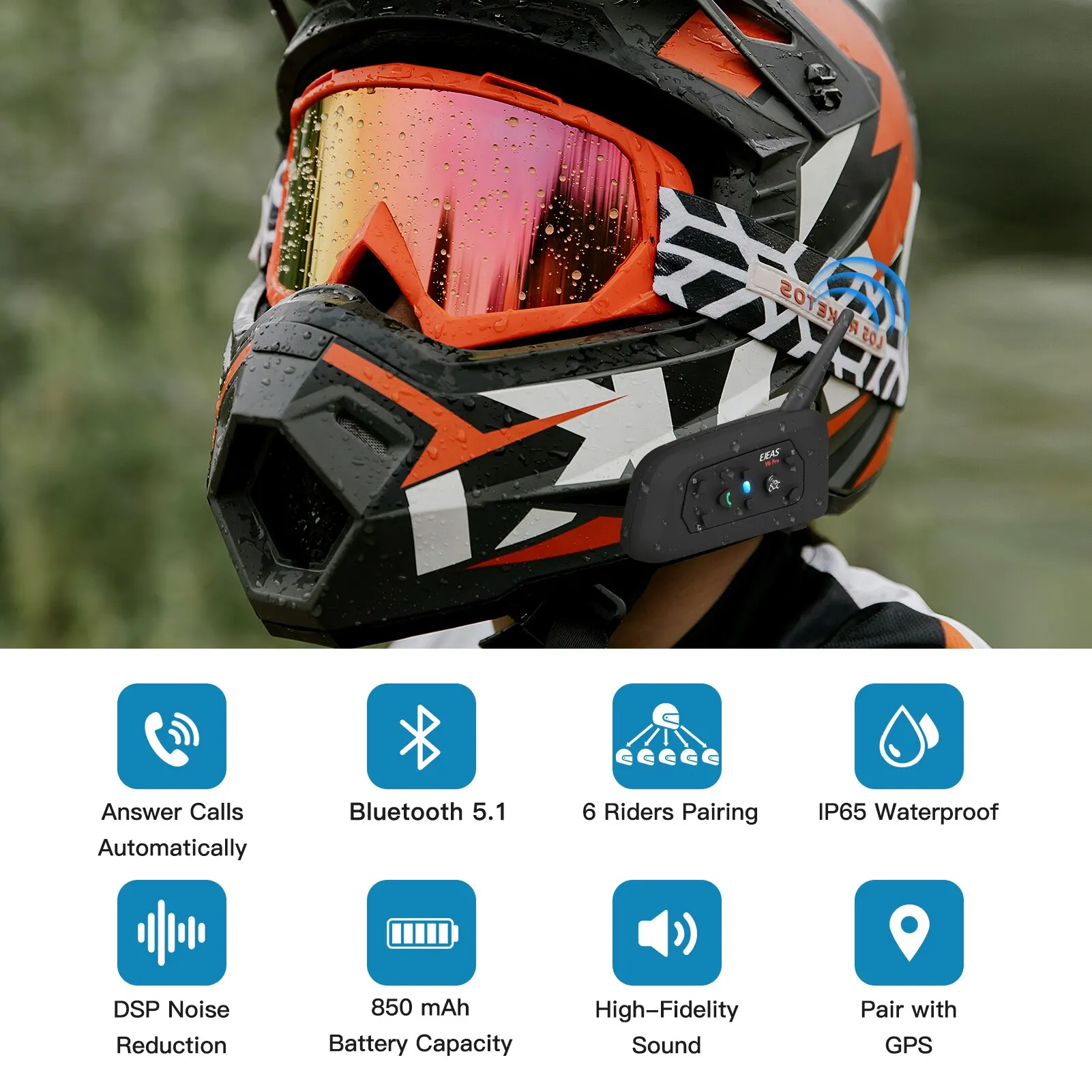 EJEAS V6 PRO: Wasserdichtes Bluetooth-Motorradhelm-Intercom-Headset für ...