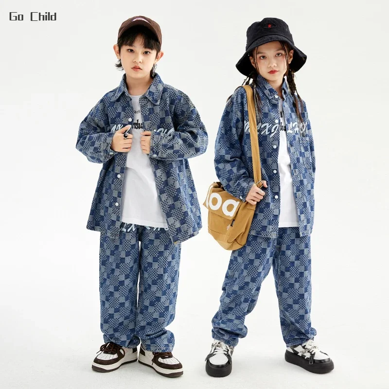 Boys-Street-Dance-Plaid-Denim-Jacket-Letters-Pants-Girls-Hip-Hop-Shirt ...