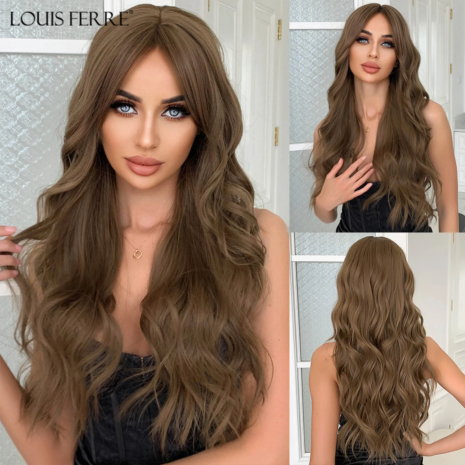LOUIS FERRE Long Wavy Synthetic Wig for Women Golden Brown Fake Hair ...