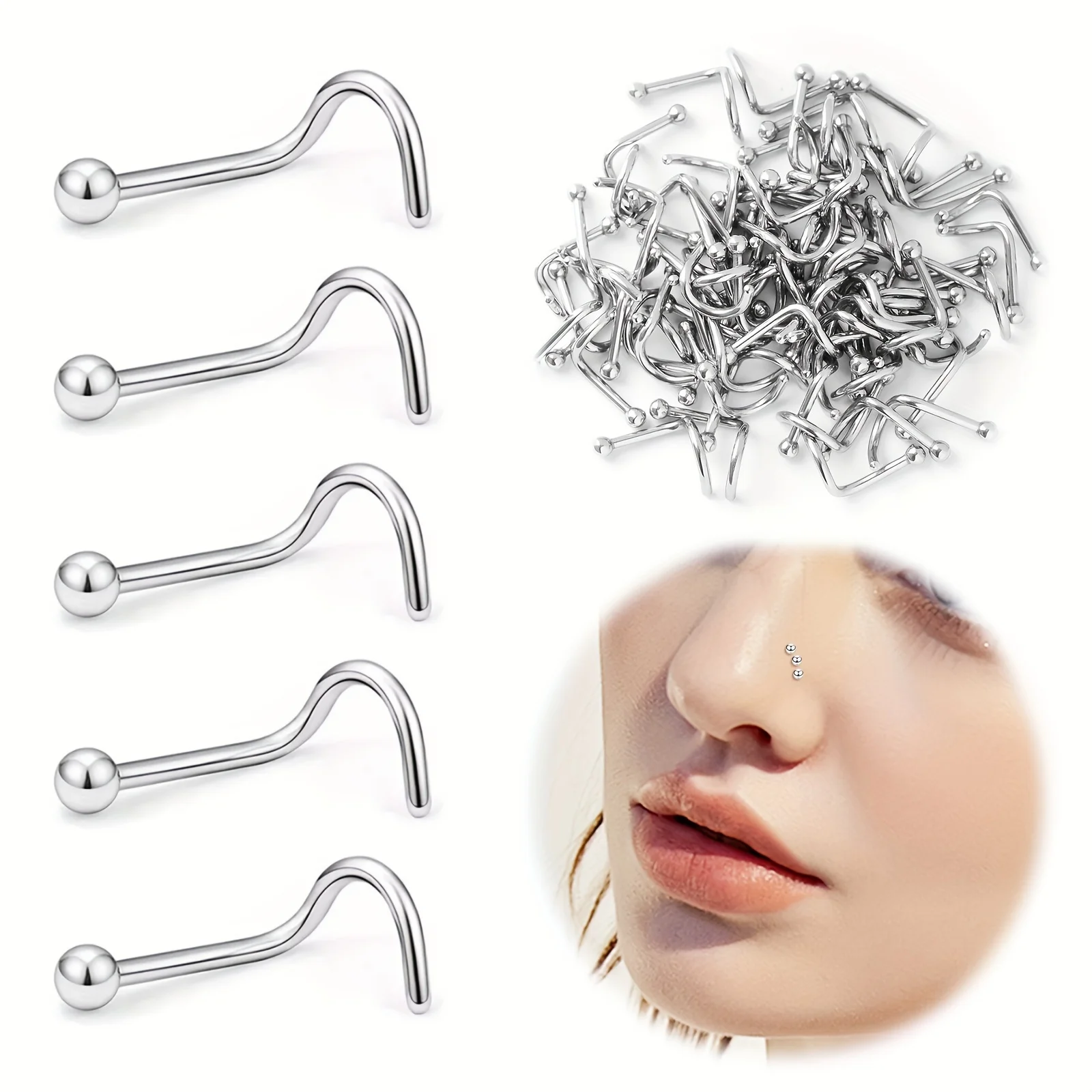 316L Stainless Steel Nose Studs Simple Style Round Ball Curved Hook ...