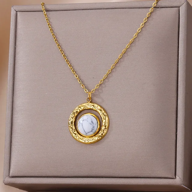 Goth Round Turquoise Pendant Necklace For Women Stainless Steel Gold ...