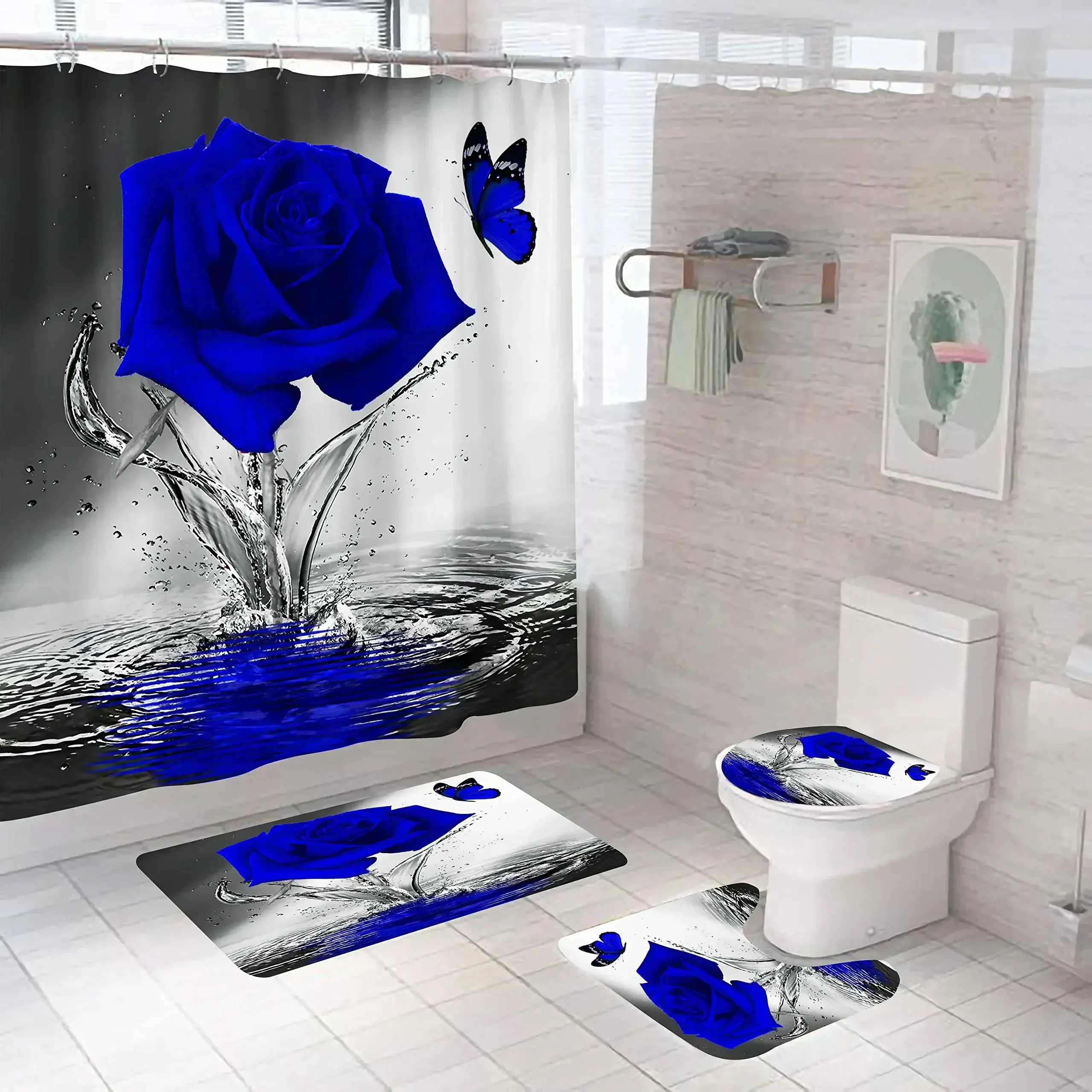 Blue Rose Flowers Waterproof Bathroom Shower Curtain Set Polyester ...