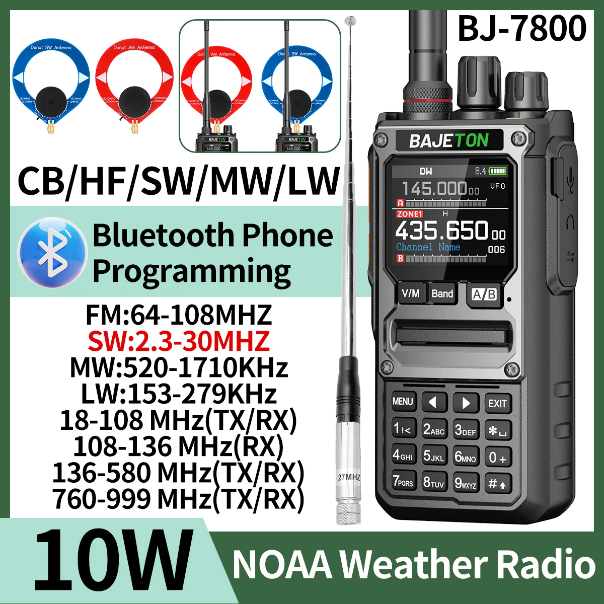BAJETON BJ-7800 Walkie Talkie Long Range SW MW LW AM SSB CB 10W Receive ...