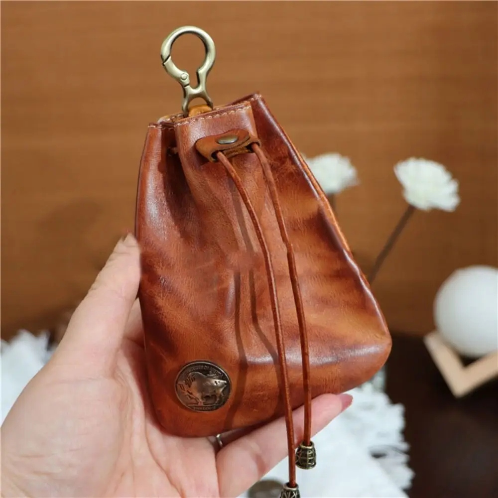 Retro Coin Purse Pouch Upper Leather Drawstring Wallets For Women Men ...