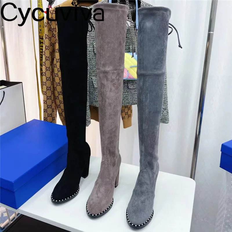 Cuissardes-en-daim-gris-pour-femmes-bottes-au-dessus-du-genou-bottes ...
