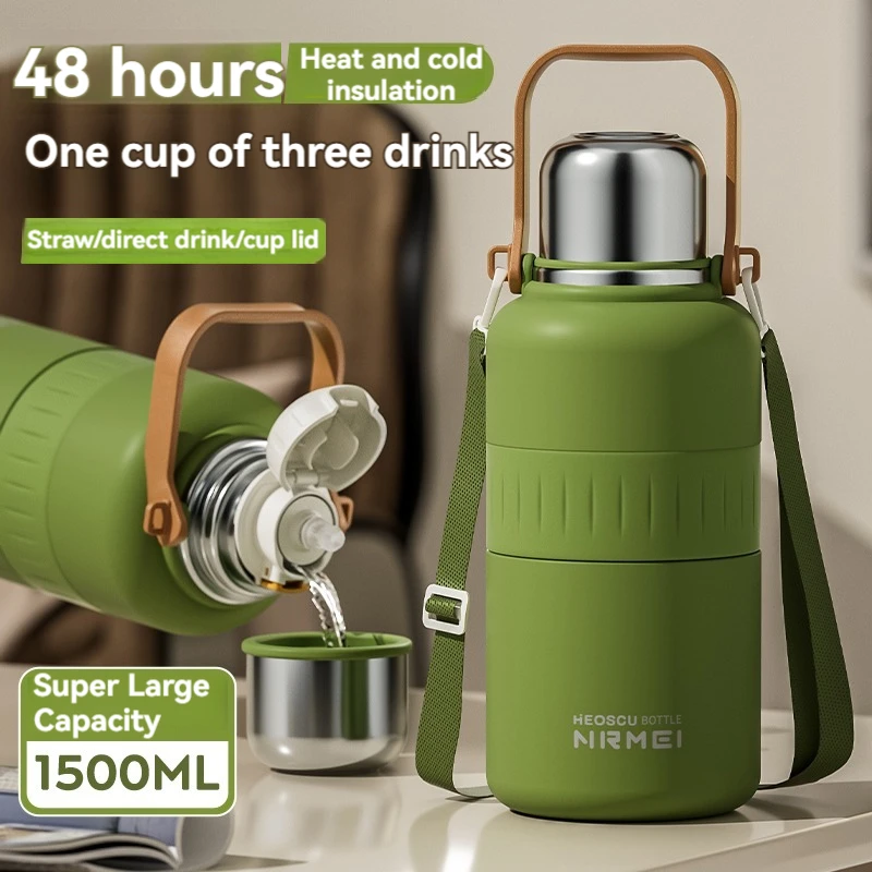 1-5L-Large-Vacuum-flask-With-Handle-Straw-Thermos-water-Bottle-outdoor ...