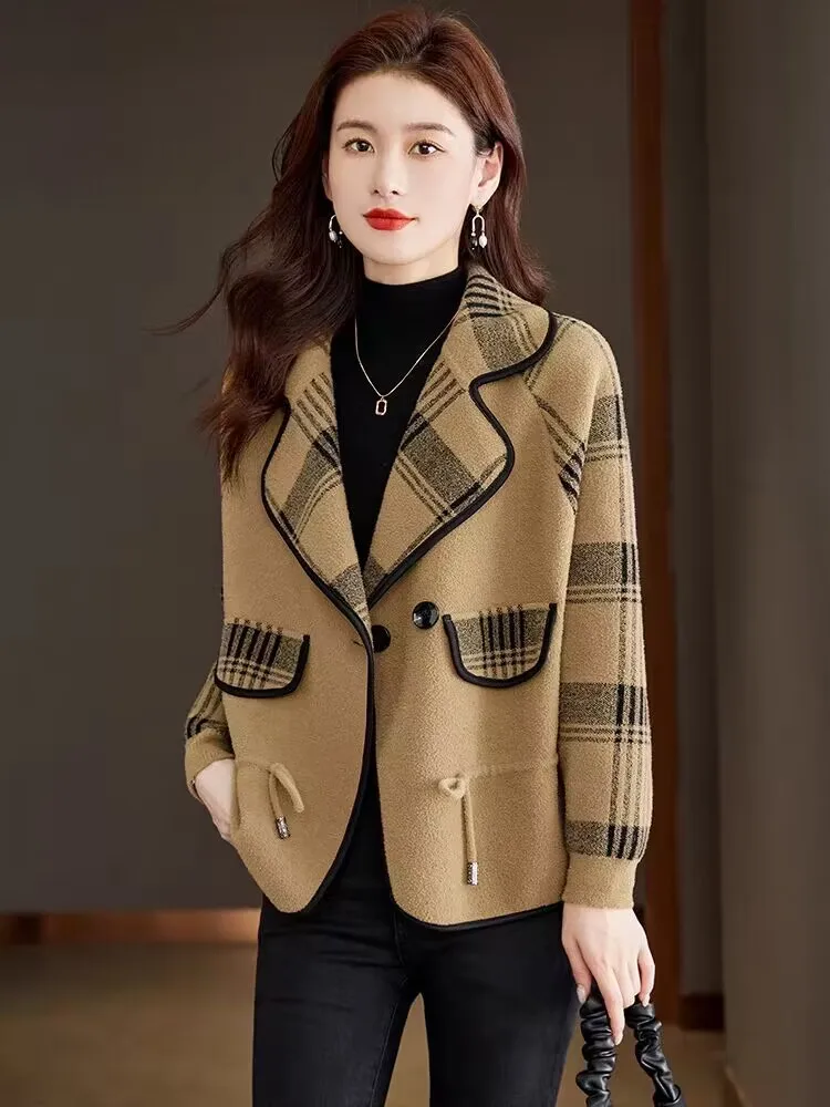 Autumn-Winter-Women-Retro-Elegant-Suit-Collar-Plaid-Patchwork-Woolen ...