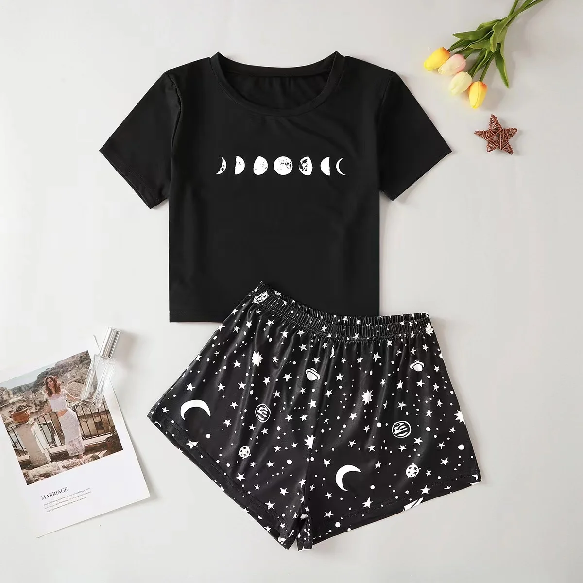 Women-s-Summer-Pajama-Set-Comfortable-Moon-Child-Star-Print-Short ...