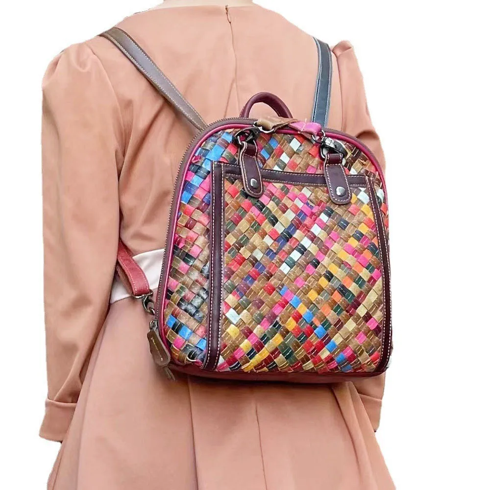 Color-Weaving-Women-Genuine-Leather-Backpack-Real-First-Layer-Cow ...