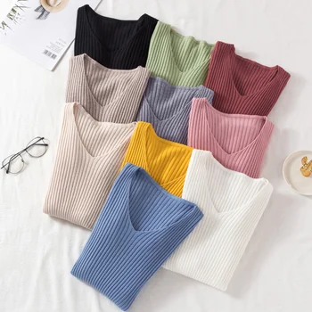Autumn Winter Women Sweaters Casual Long Sleeve Knitted V Neck Pullover ...