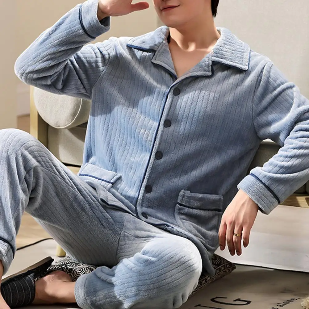 2-Pcs-Set-Men-Winter-Pajamas-Set-Lapel-Thick-Striped-Single-breasted ...