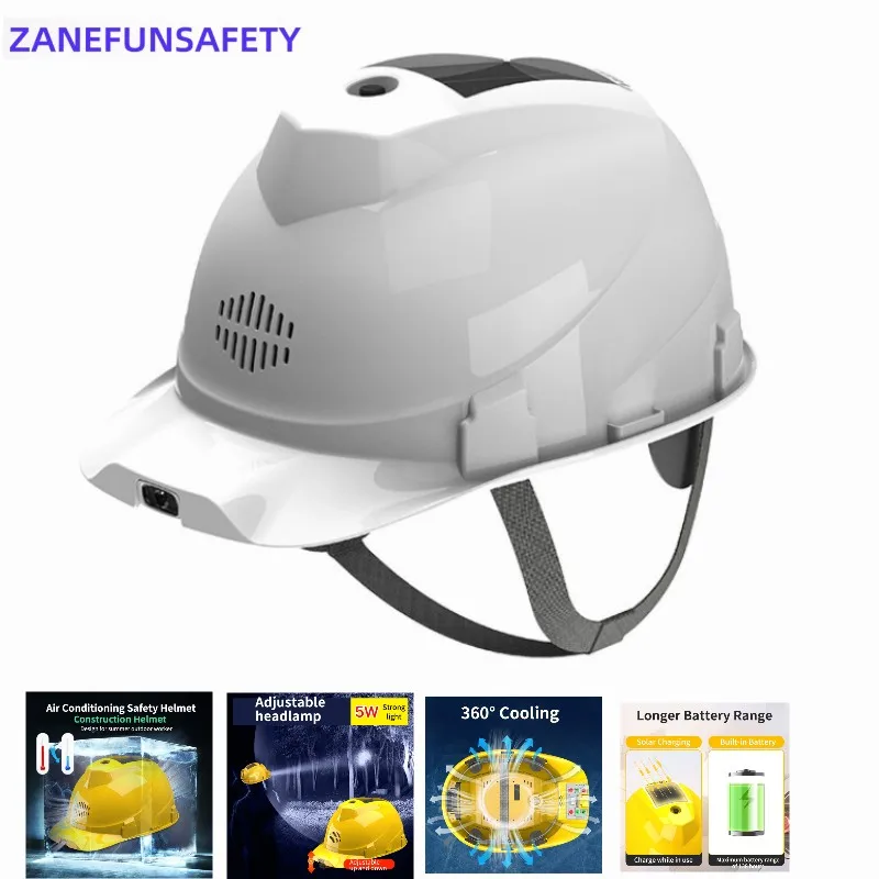 Construction Helmet with 2 Fans Air Condition LED Headlight Solar Panel ...