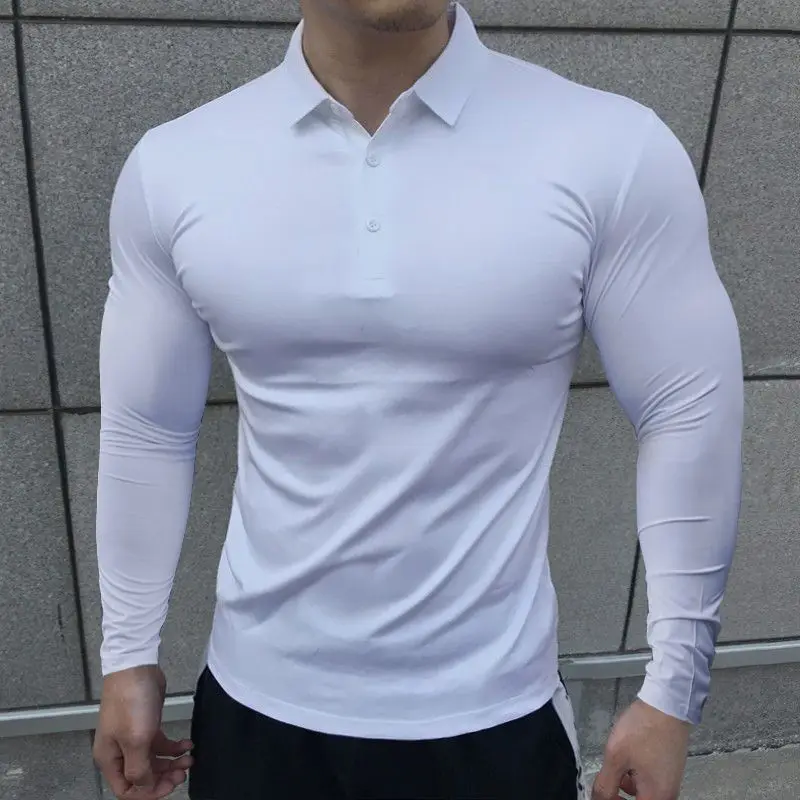 Korean-Autumn-Casual-Fitness-Polo-Shirt-Men-Solid-Button-Slim-Elastic ...