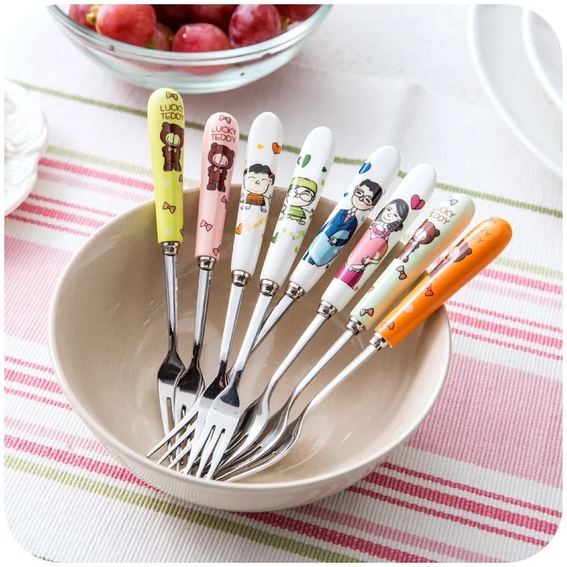 Stainless-Steel-Fruits-Fork-Ceramic-Handle-Cute-Bear-Dessert-Fork-Eco ...