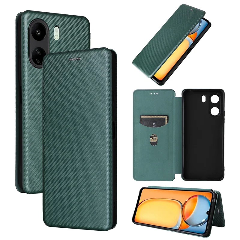 For Xiaomi Redmi 13C Cover Luxury Flip Carbon Fiber Skin Magnetic ...