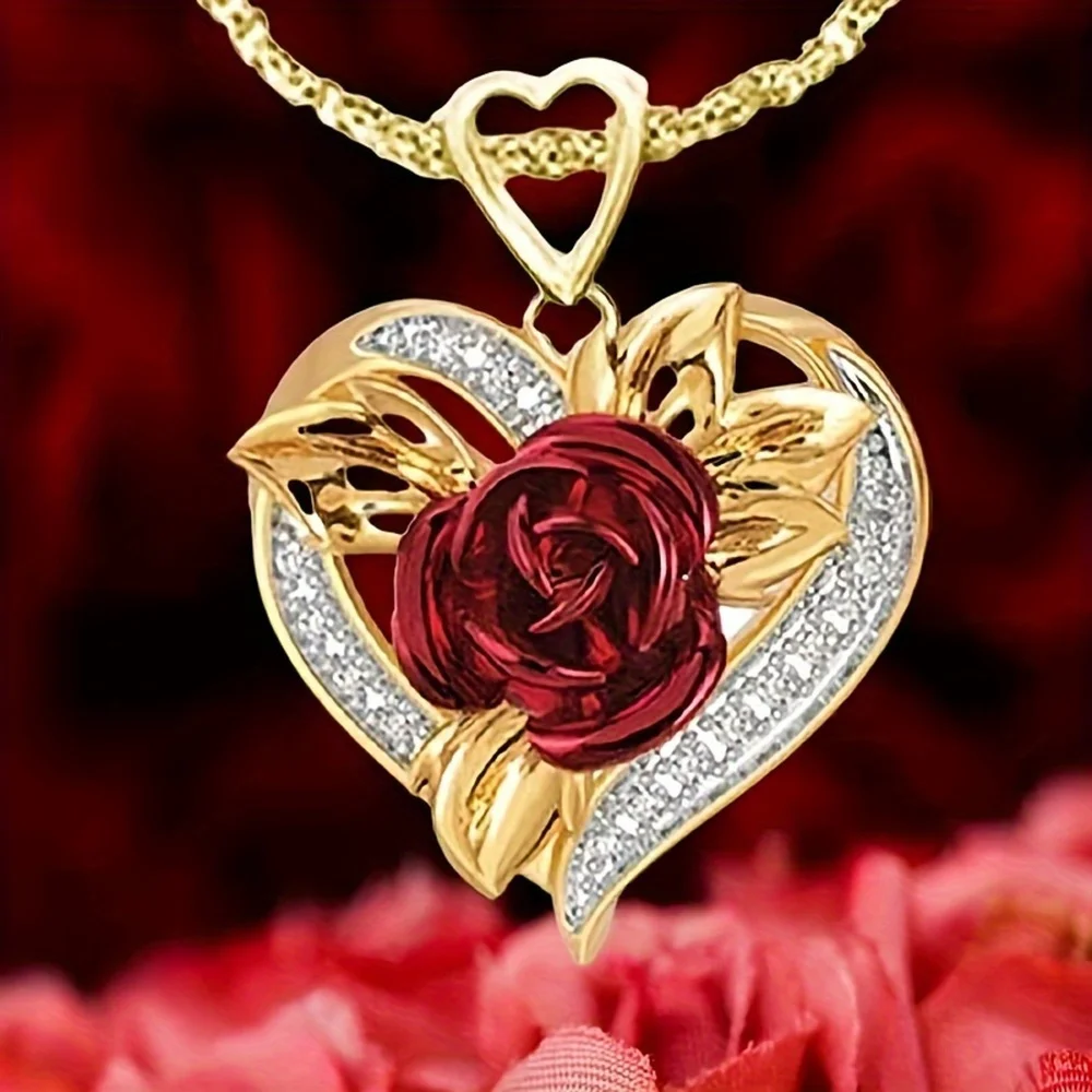 Elegant-Heart-Shaped-Red-Rose-Pendant-Necklace-Perfect-Romantic-Present ...