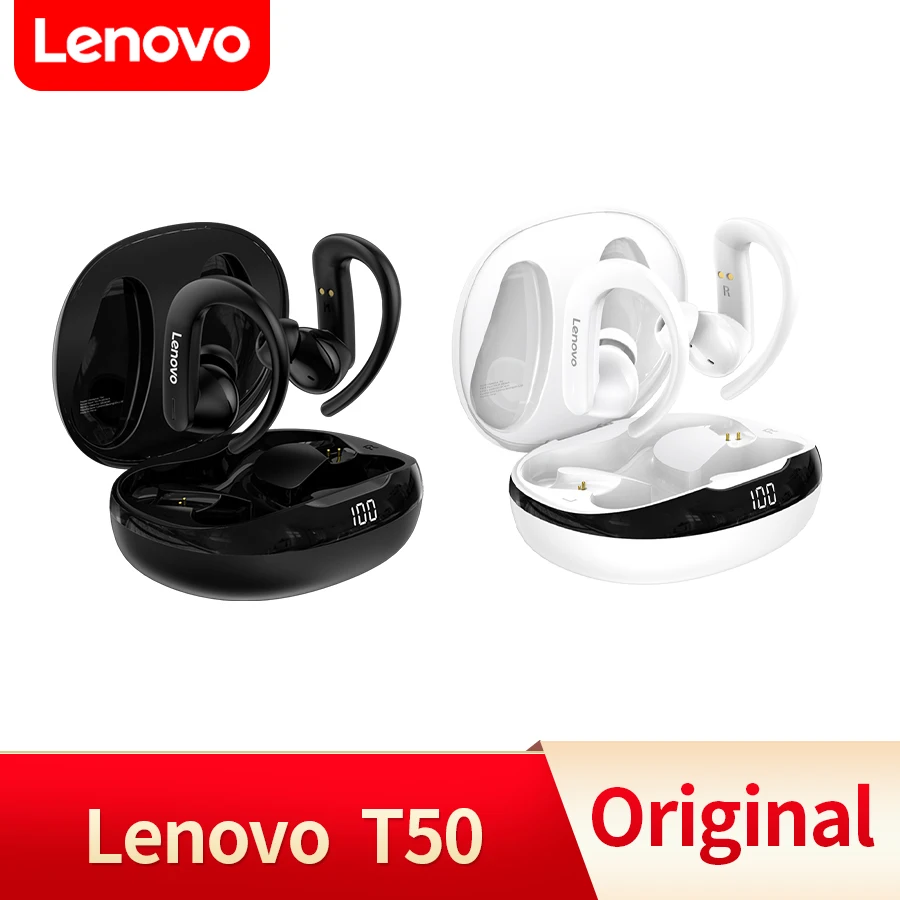 레노버 T50 TWS 이어폰, 블루투스 5.3, 스포츠 무선 헤드폰, 방수 하이파이 스테레오, 소음 감소 이어버드, 마이크 포함 ...