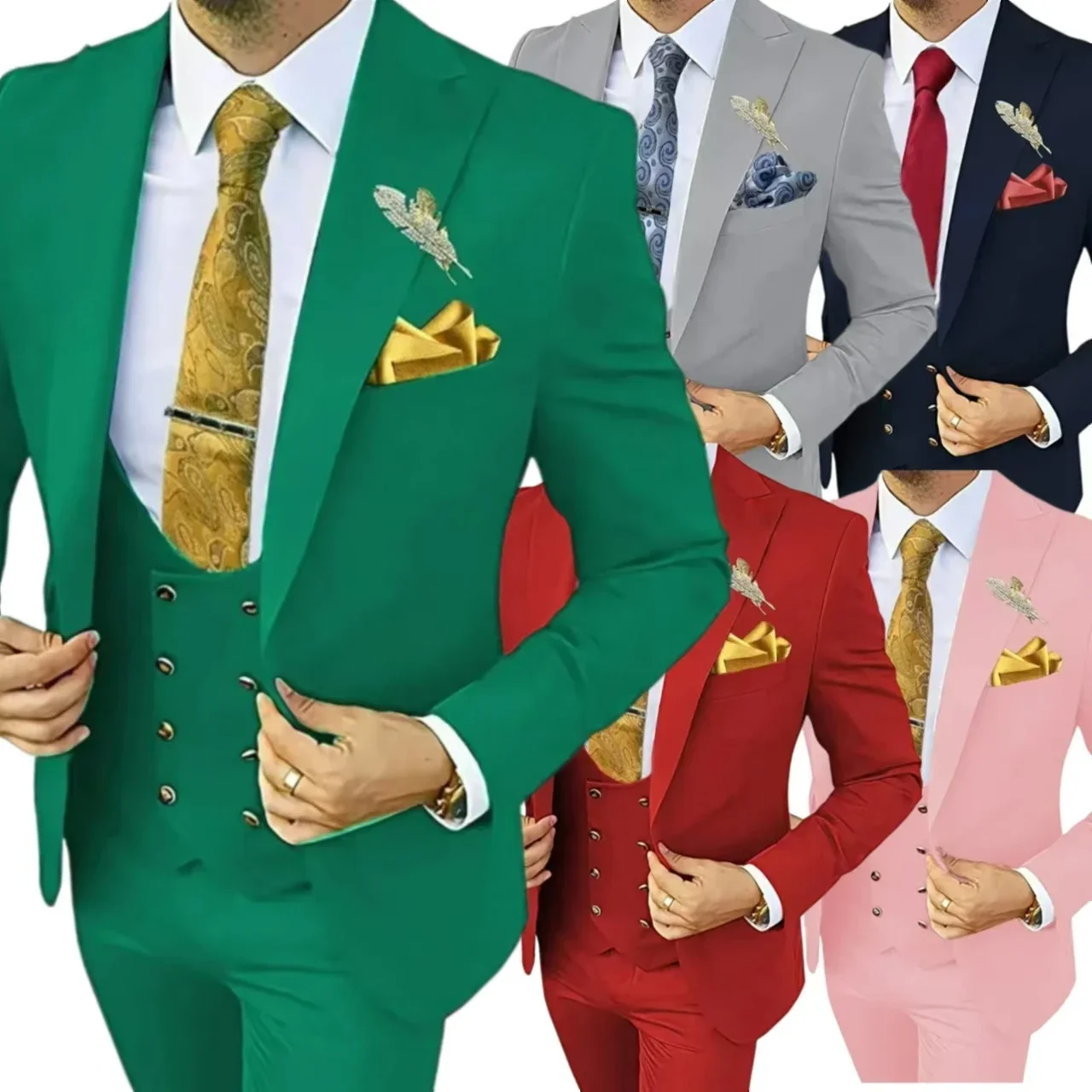 Elegant Male Suit 3 Pieces Blazer Vest and Pants Set Peak Lapel Tuxedo ...